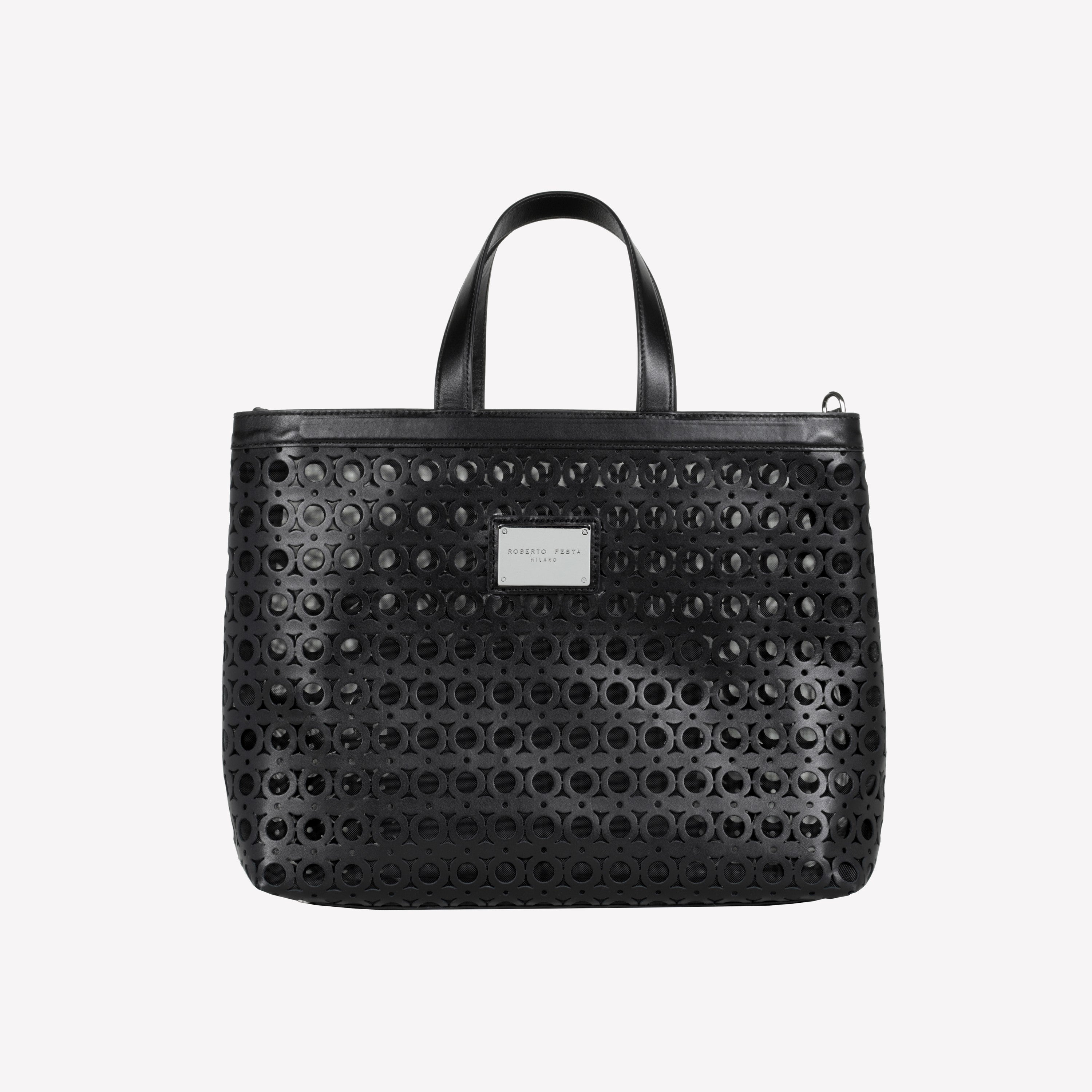 BLACK-COLORED LEATHER SHOULDER BAG WITH CUT-OUT WORK AND TULLE MIRTE ...